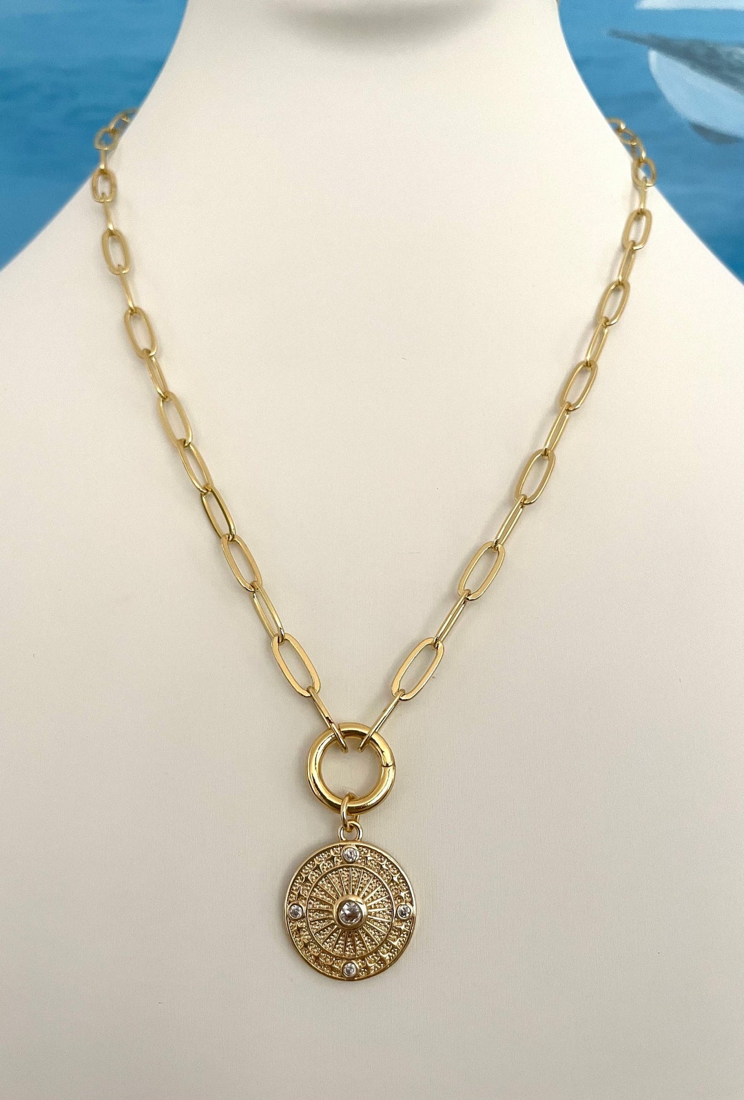 18k Gold Filled Radial Compass Coin Chain Pendant Charm Necklace ...