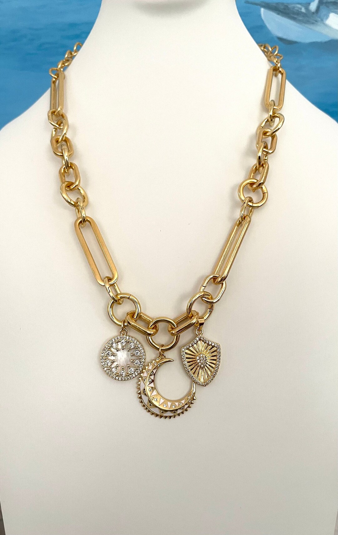 Gold Extended Clip Custom Charm Necklace Enamel Moon Shield - Etsy