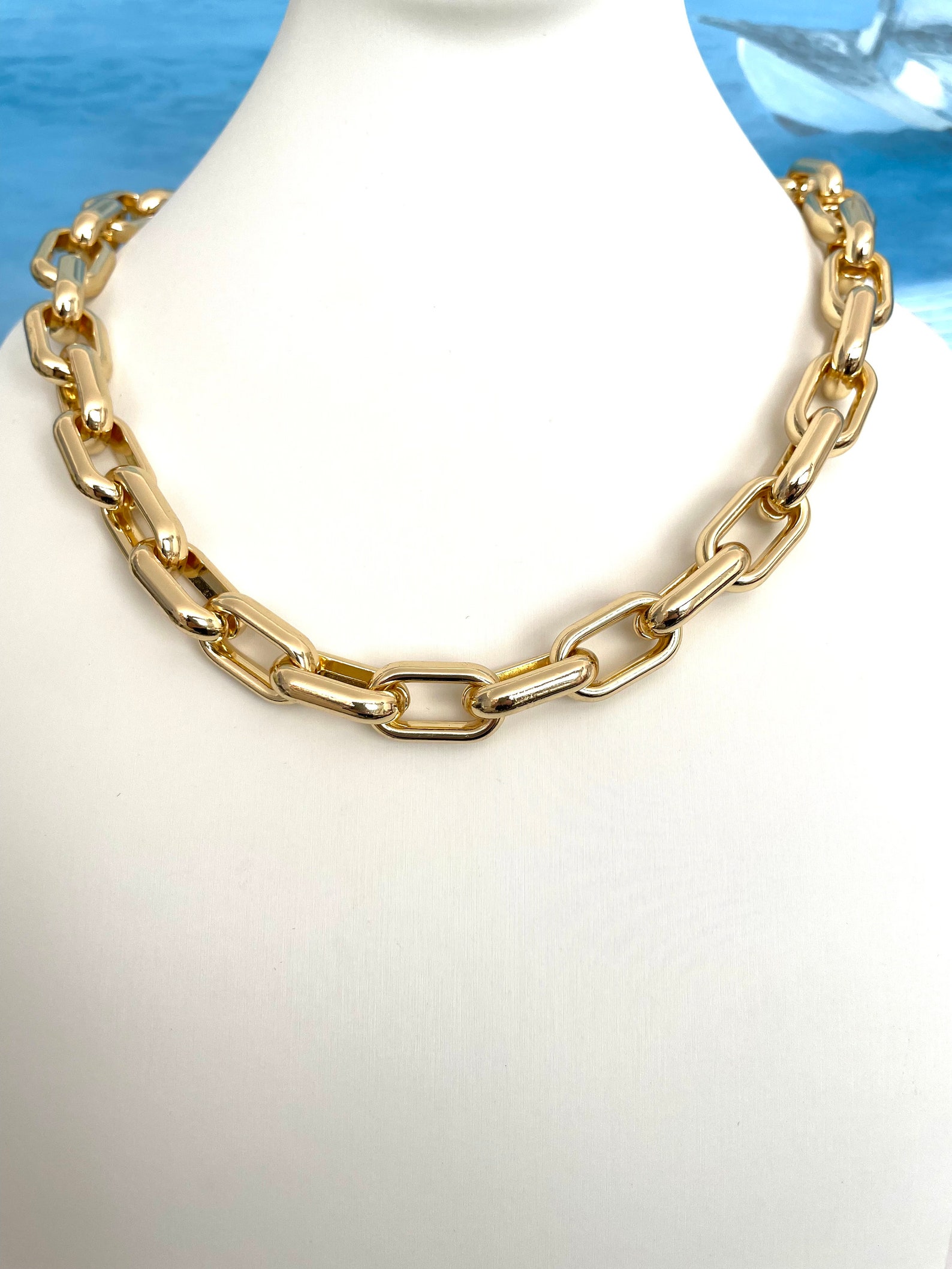 Chunky Link Chain Necklace With Carabiner Clasp Choker Gold Layering ...