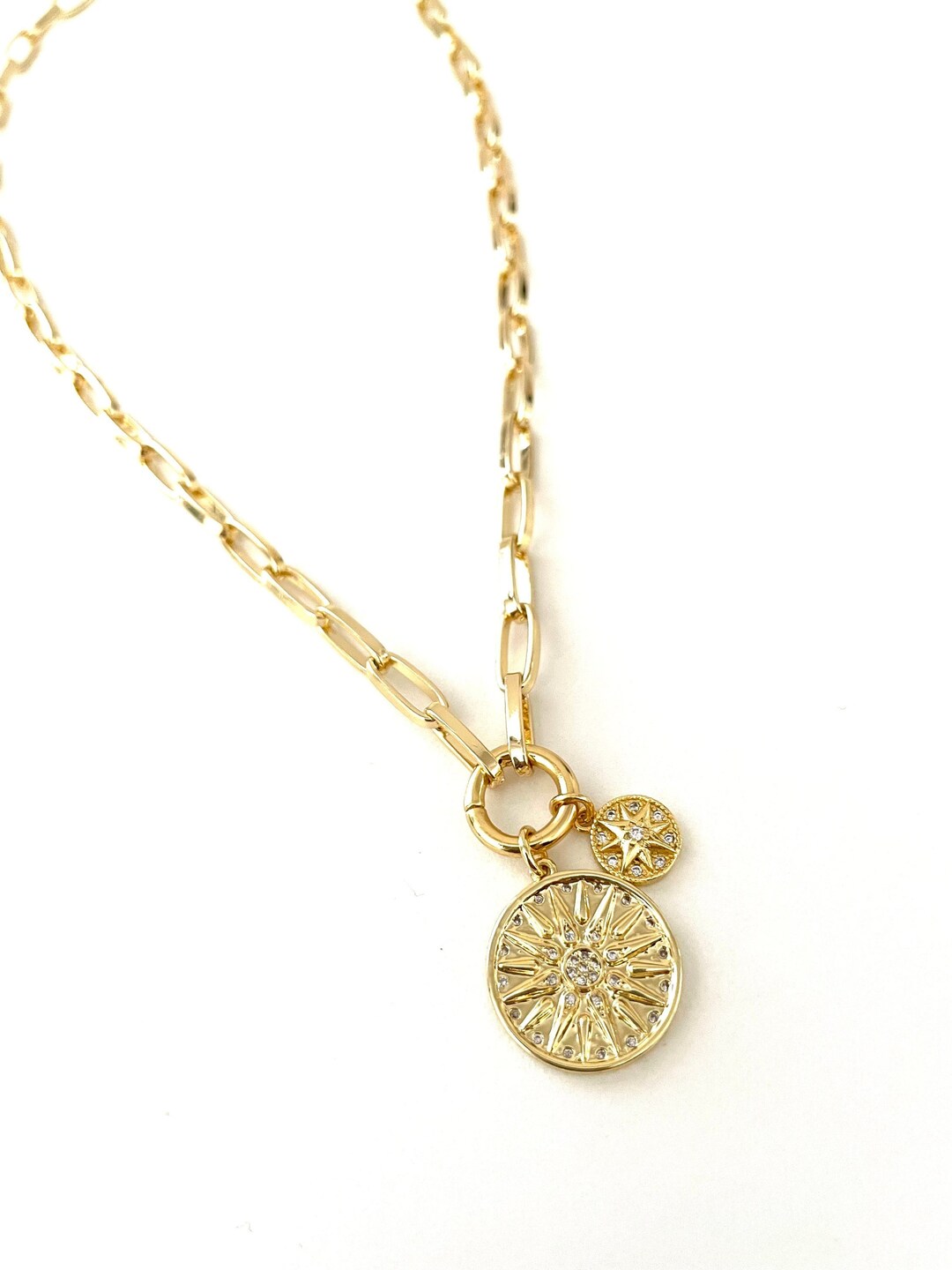 Paperclip Chain CZ North Star Sun Flower Necklace Gold Charm Holder ...