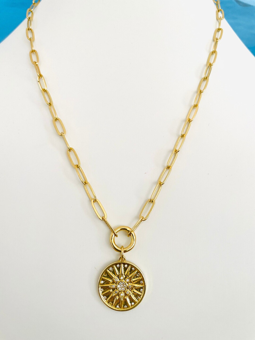 Paperclip Charm Holder Chain North Star Sun Flower Necklace Gold Filled ...