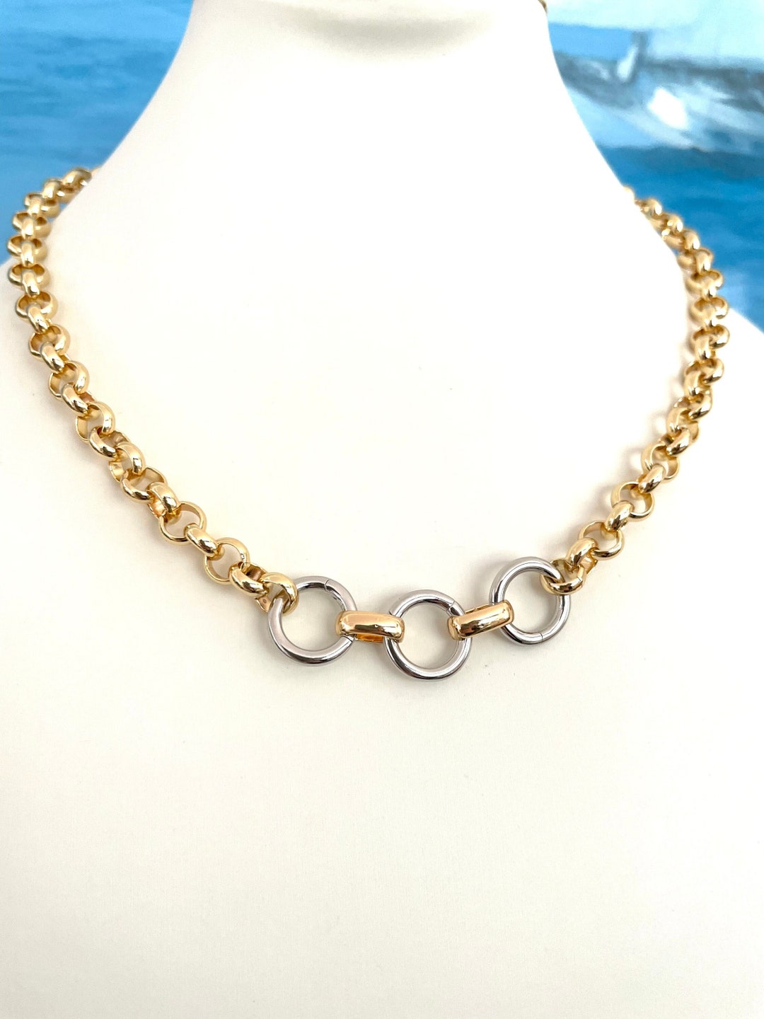 Chunky Rolo Chain Necklace, Charm Holders, Mixed Metal, Two Tone ...