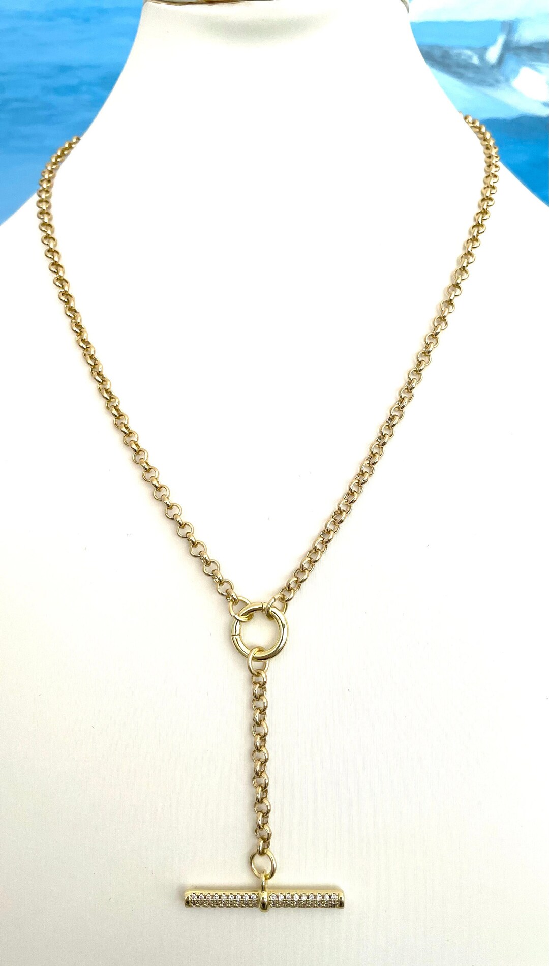 Rolo T Bar 24k Gold Filled Chain Link Necklace Circle CZ Connector ...