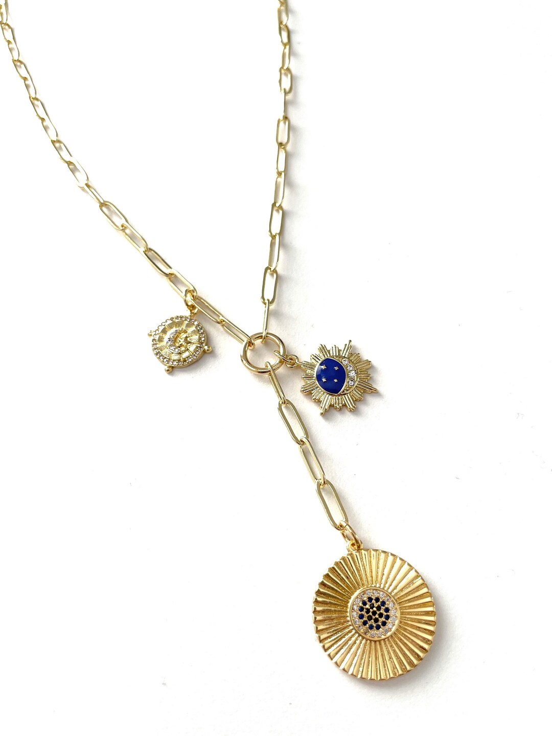 Custom Paperclip Charm Necklace Moon Sun Radial Eye Charm Pendants ...