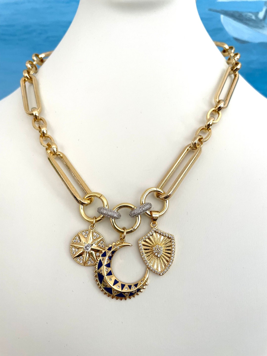 Gold Extended Clip Custom Charm Necklace Enamel Moon Shield North Star ...