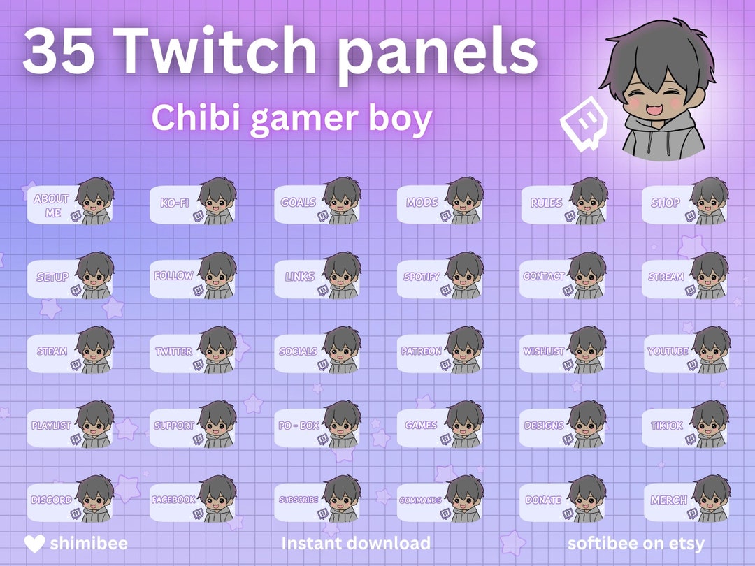 Twitch Panels Chibi Anime Boy 35x Kawaii Gamer Panels With Black Hair ...