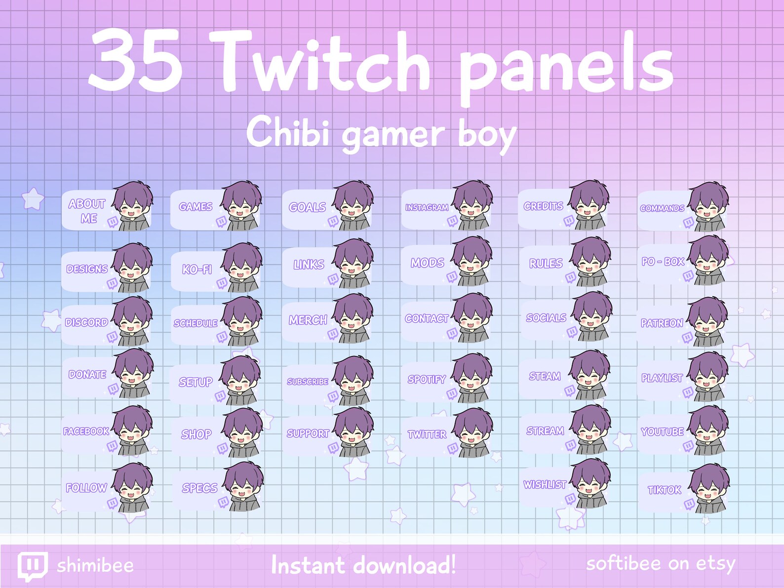 Twitch Panels Chibi Anime Boy 35x Kawaii Gamer Panels Purple - Etsy