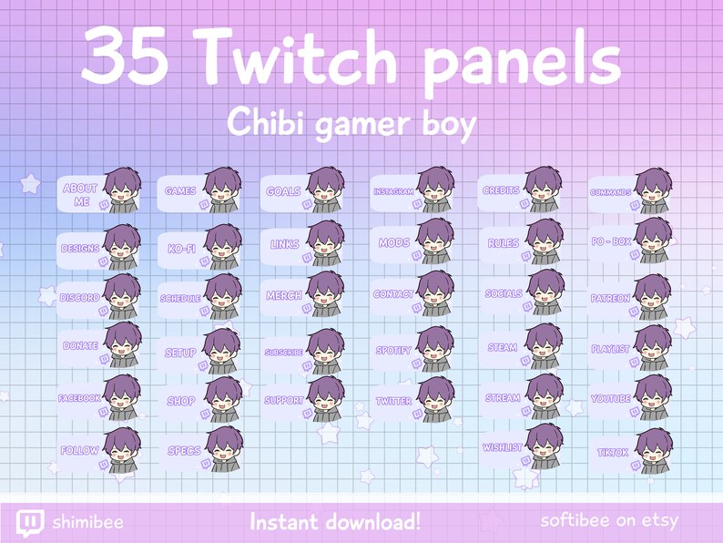 Twitch Panels Chibi Anime Boy 35x Kawaii Gamer Panels Purple - Etsy