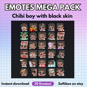 Boy Emotes Twitch MEGA PACK ! X30 Emote Chibi Boy Anime With Black Skin ...