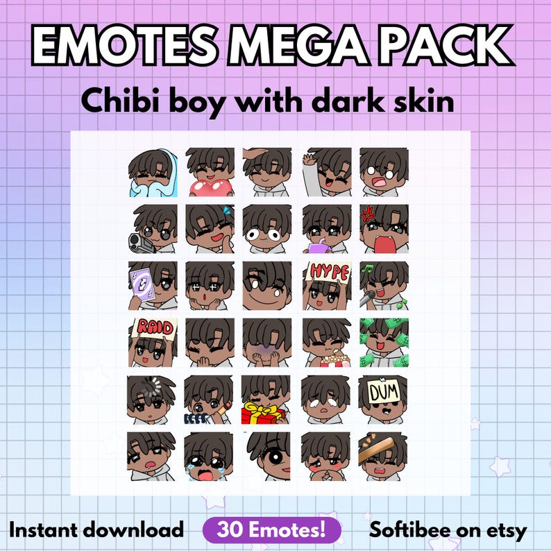 Boy Emotes MEGA Pack | 30x Chibi Anime Emotes | Dark Skin Male Model ...
