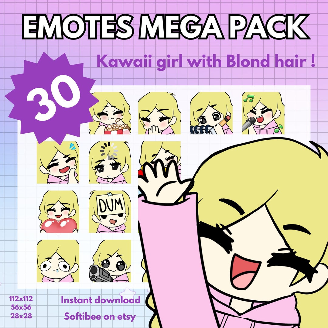 Emotes for Twitch MEGA PACK ! Chibi Girl Emotes - Blond Hair Cute Curly ...
