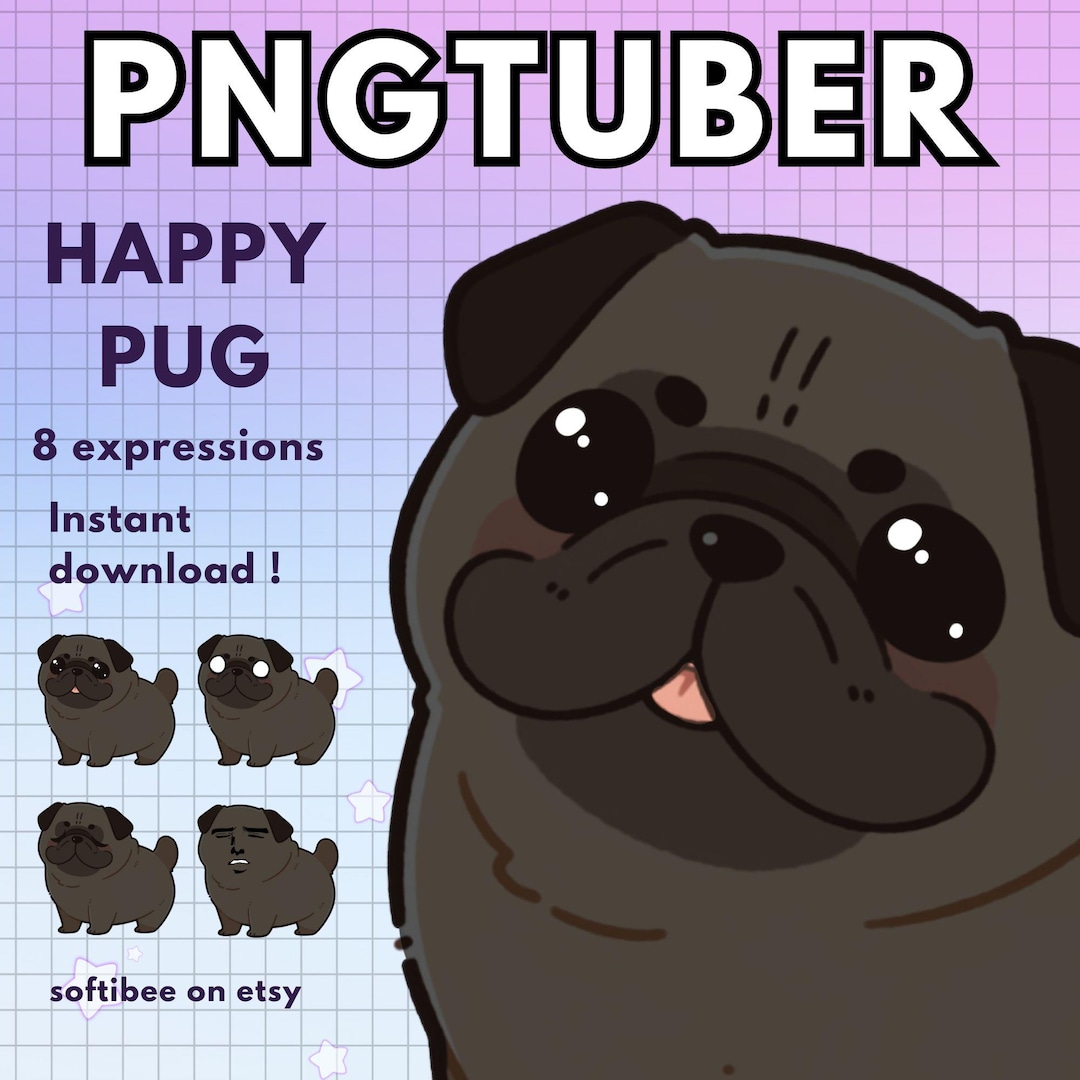 Pug Pngtuber Dog Vtuber Model for Twitch | 8x Black Png Tuber Reactive ...
