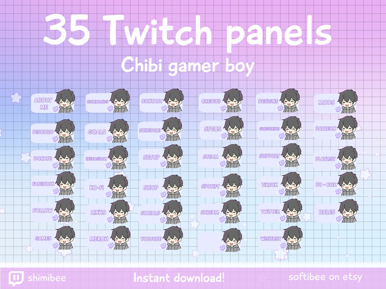 Twitch Panels Chibi Anime Boy 35x Kawaii Gamer Panels With Black Hair ...