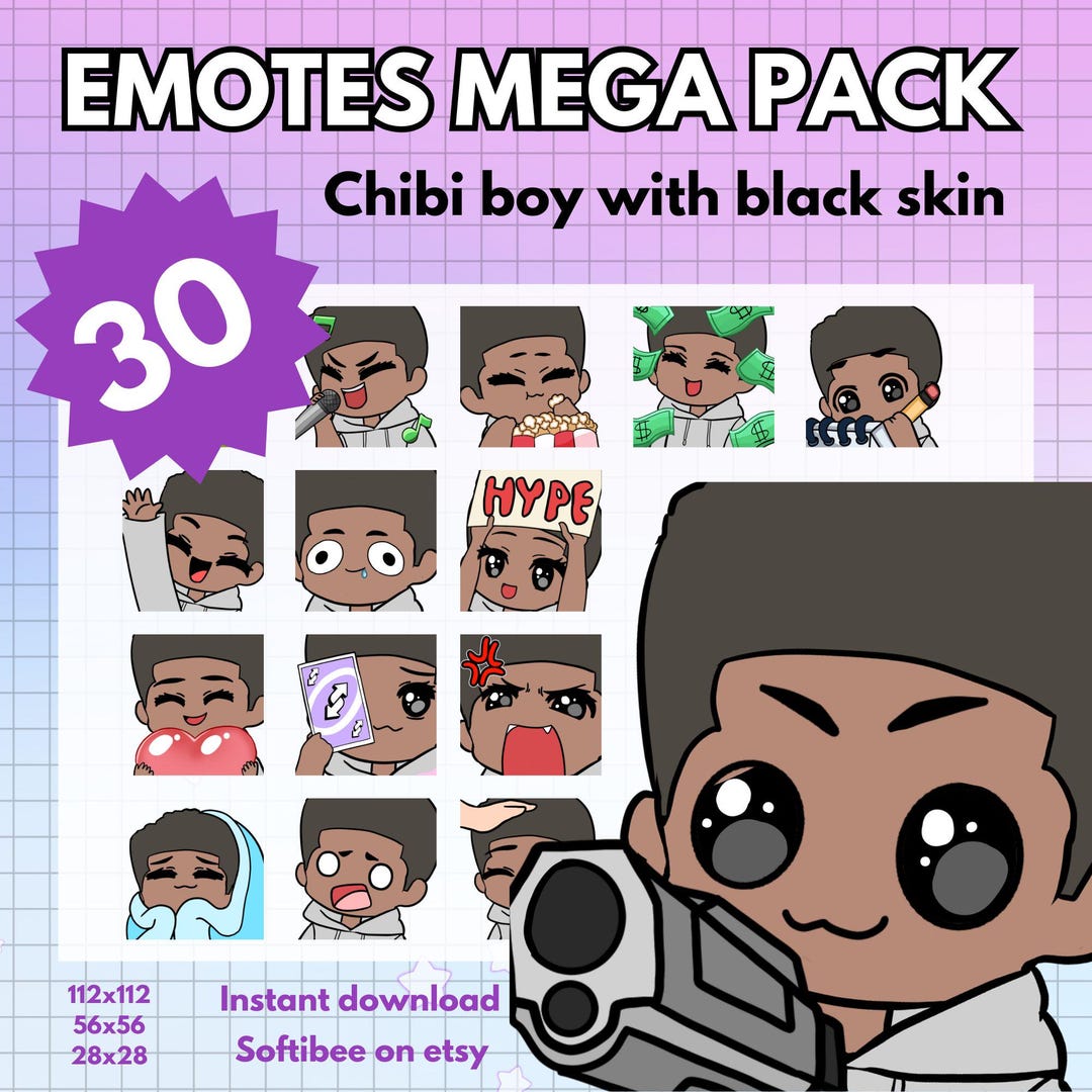 Boy Emotes Twitch MEGA PACK ! X30 Emote Chibi Boy Anime With Black Skin ...