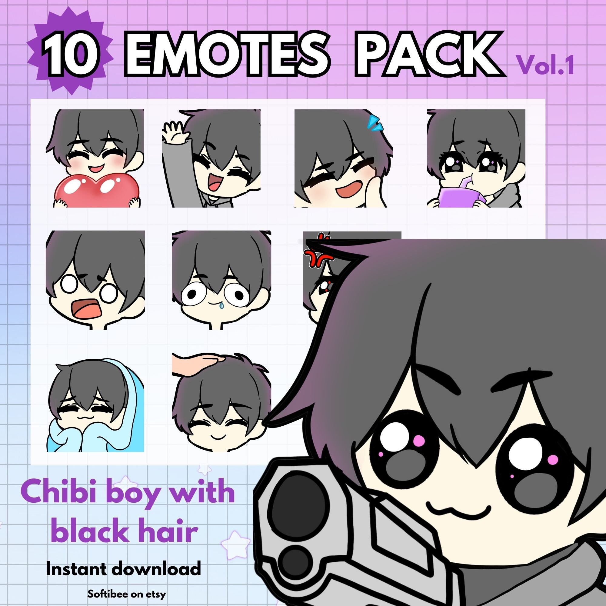 Boy Emotes Twitch Bundle Vo.1 X10 Emote Chibi Boy Anime With Black Hair ...