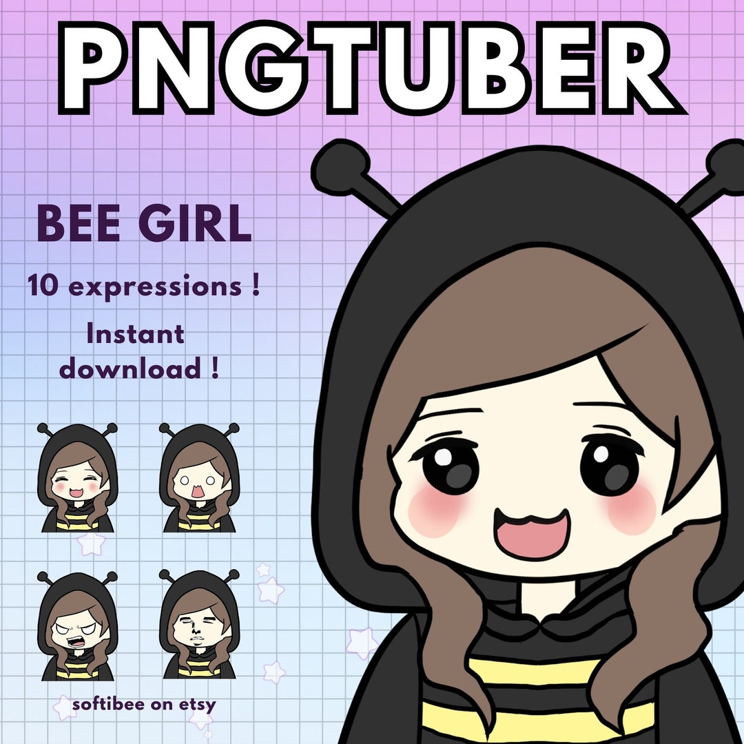 Pngtuber - Cute Bee Girl | 10 Expressions | Brown Hair Vtuber Model ...