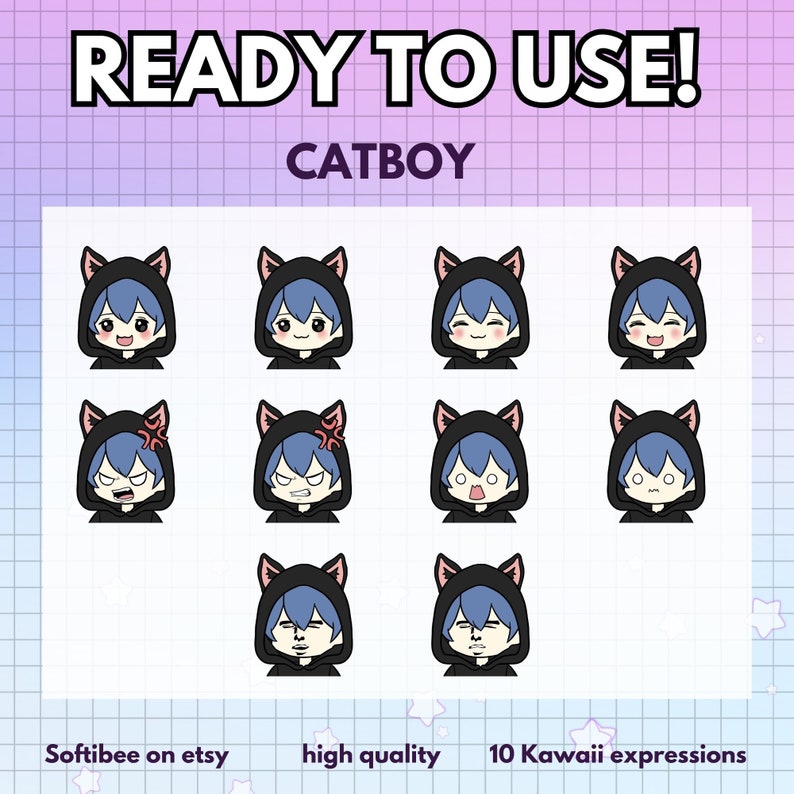 Catboy Vtuber Model Male With Blue Hair ! 10x Boy Pngtuber Male Avatars ...