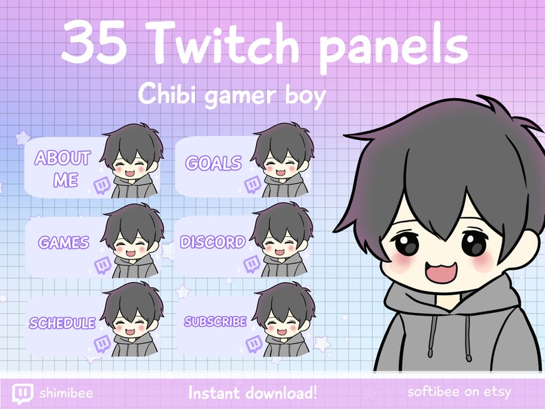 Twitch Panels Chibi Anime Boy 35x Kawaii Gamer Panels With Black Hair ...