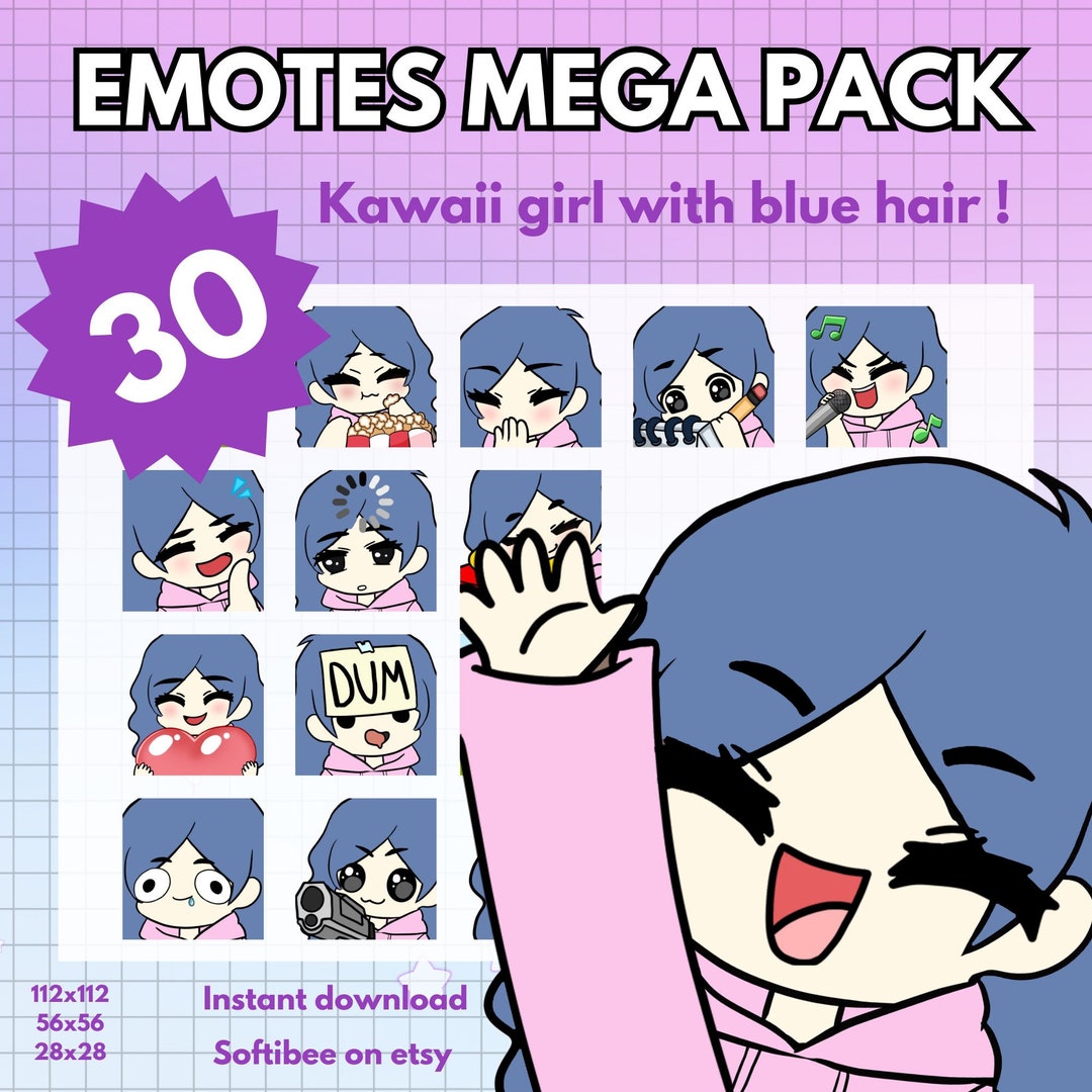 CHIBI GIRL EMOTES - Blue Hair Cute Curly Girl Emotes for Twitch - Gamer ...