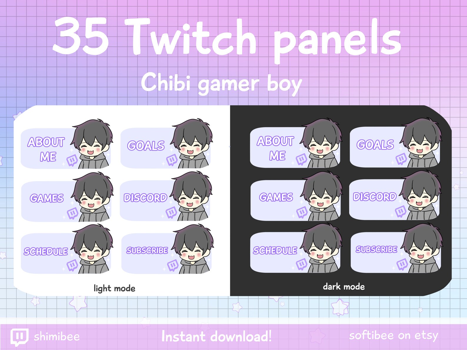 Twitch Panels Chibi Anime Boy 35x Kawaii Gamer Panels With Black Hair ...