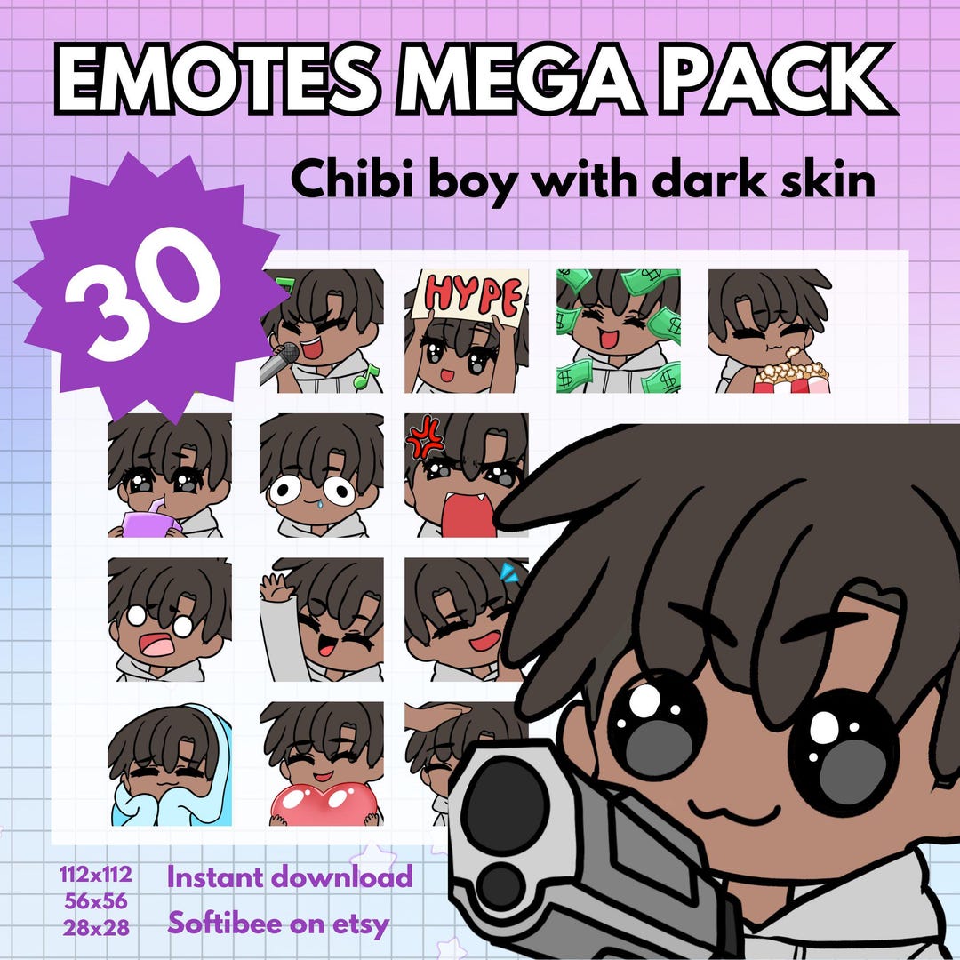 Boy Emotes MEGA Pack | 30x Chibi Anime Emotes | Dark Skin Male Model ...