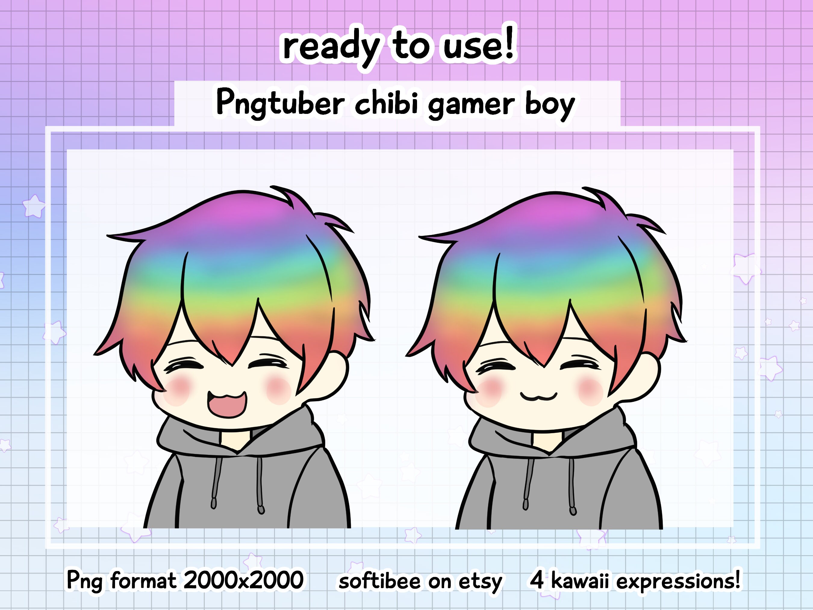 Pngtuber Male X4 Chibi Boy Anime & Rainbow Hair Avatars - Etsy