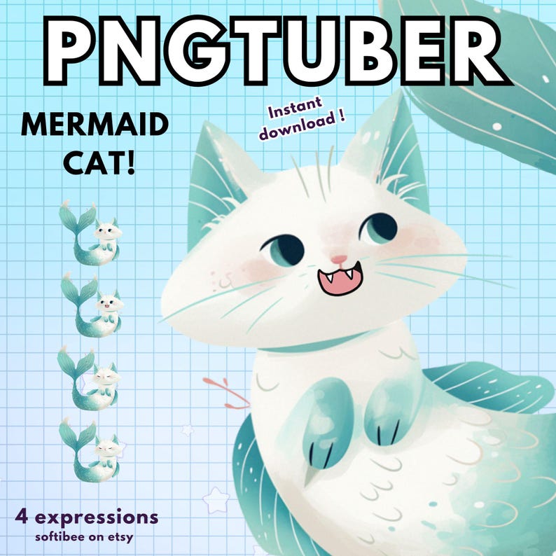 Mermaid Cat Pngtuber Model | 4x Chibi Vtuber Model Avatars for ...
