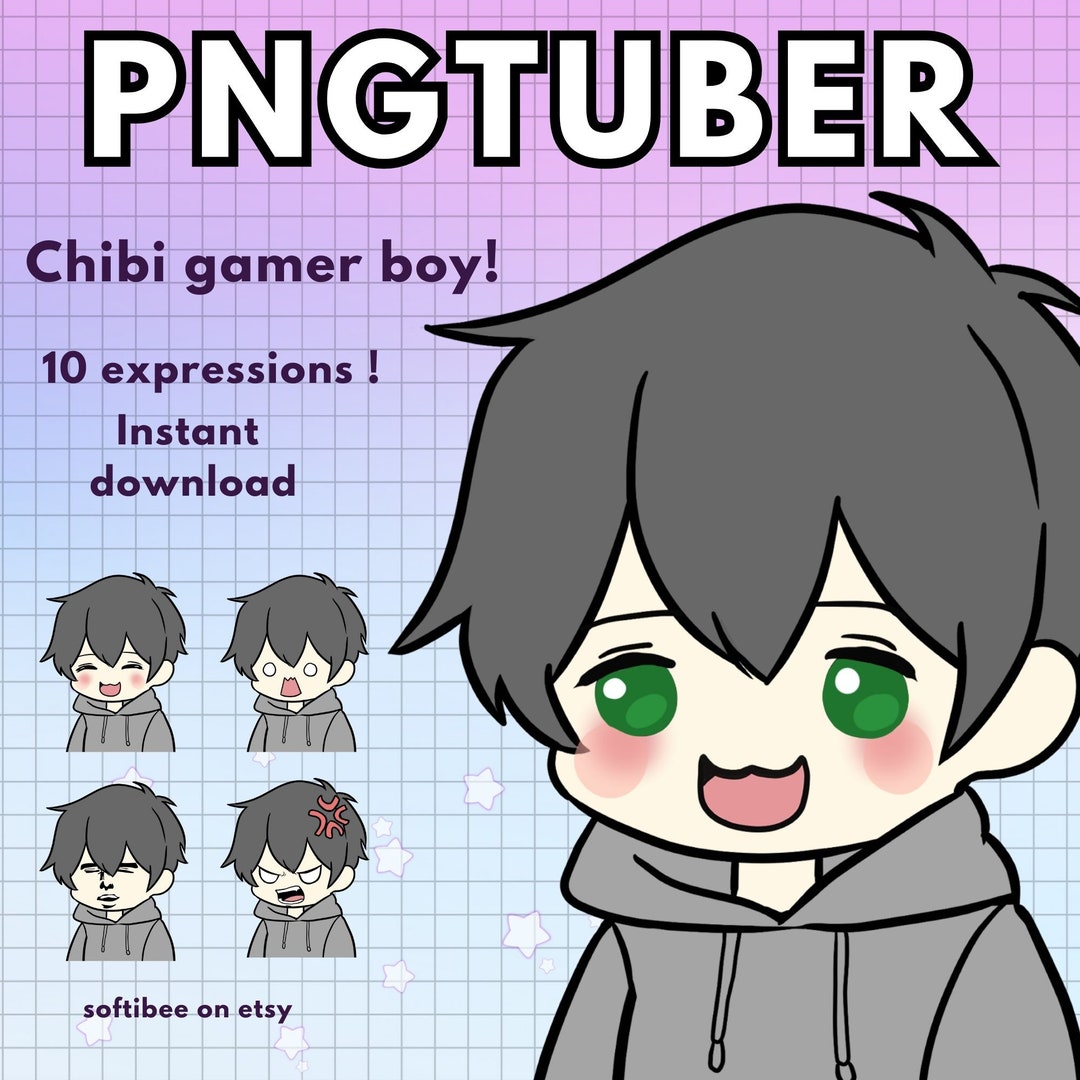 Pngtuber Male ! X10 Png Tuber Chibi Boy Anime With Black Hair Green ...