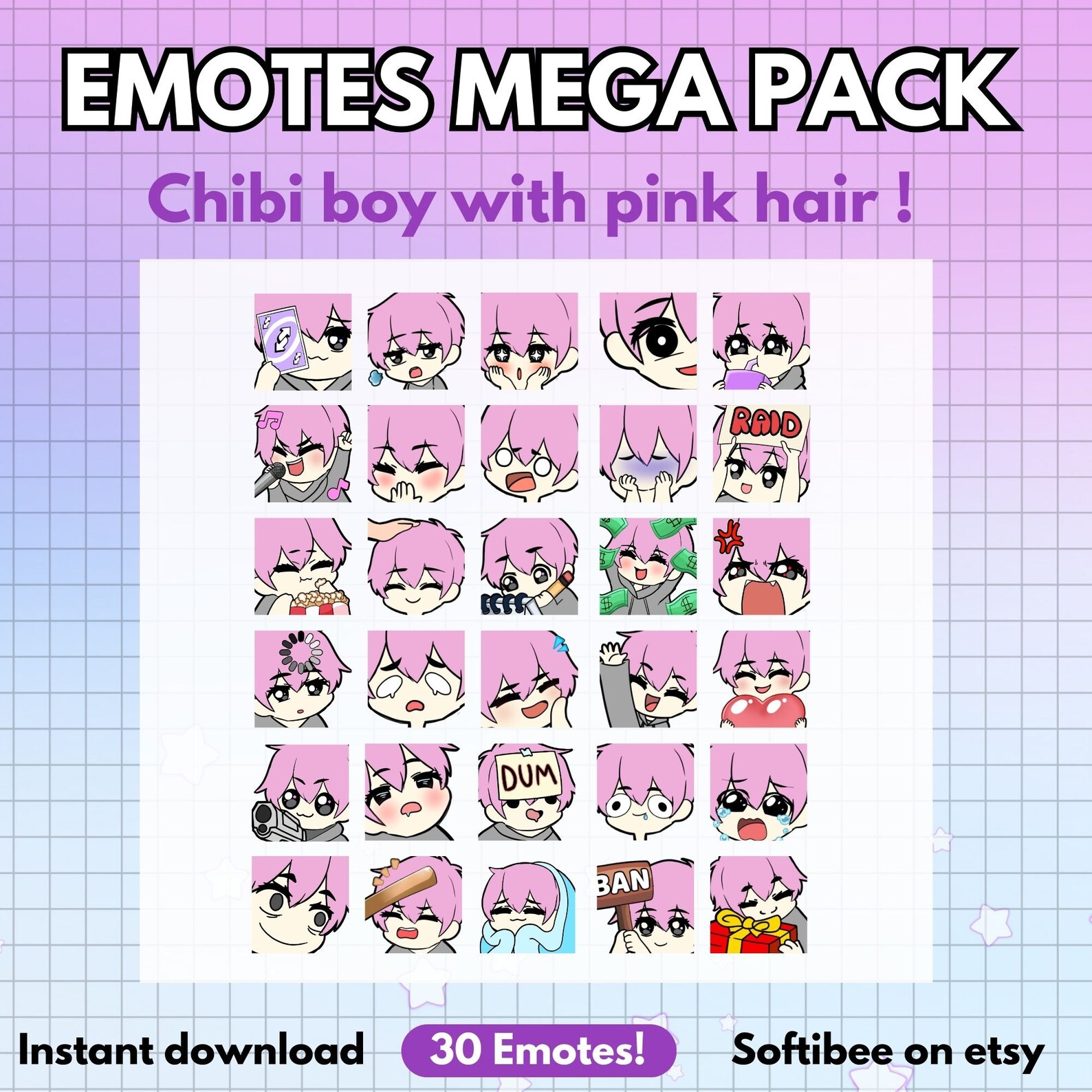 Boy Emotes Twitch MEGA PACK X30 Emote Chibi Boy Anime With Brown Hair ...