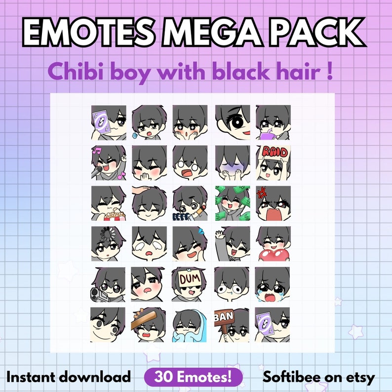 Boy Emotes Twitch MEGA PACK X30 Emote Chibi Boy Anime With Black Hair ...