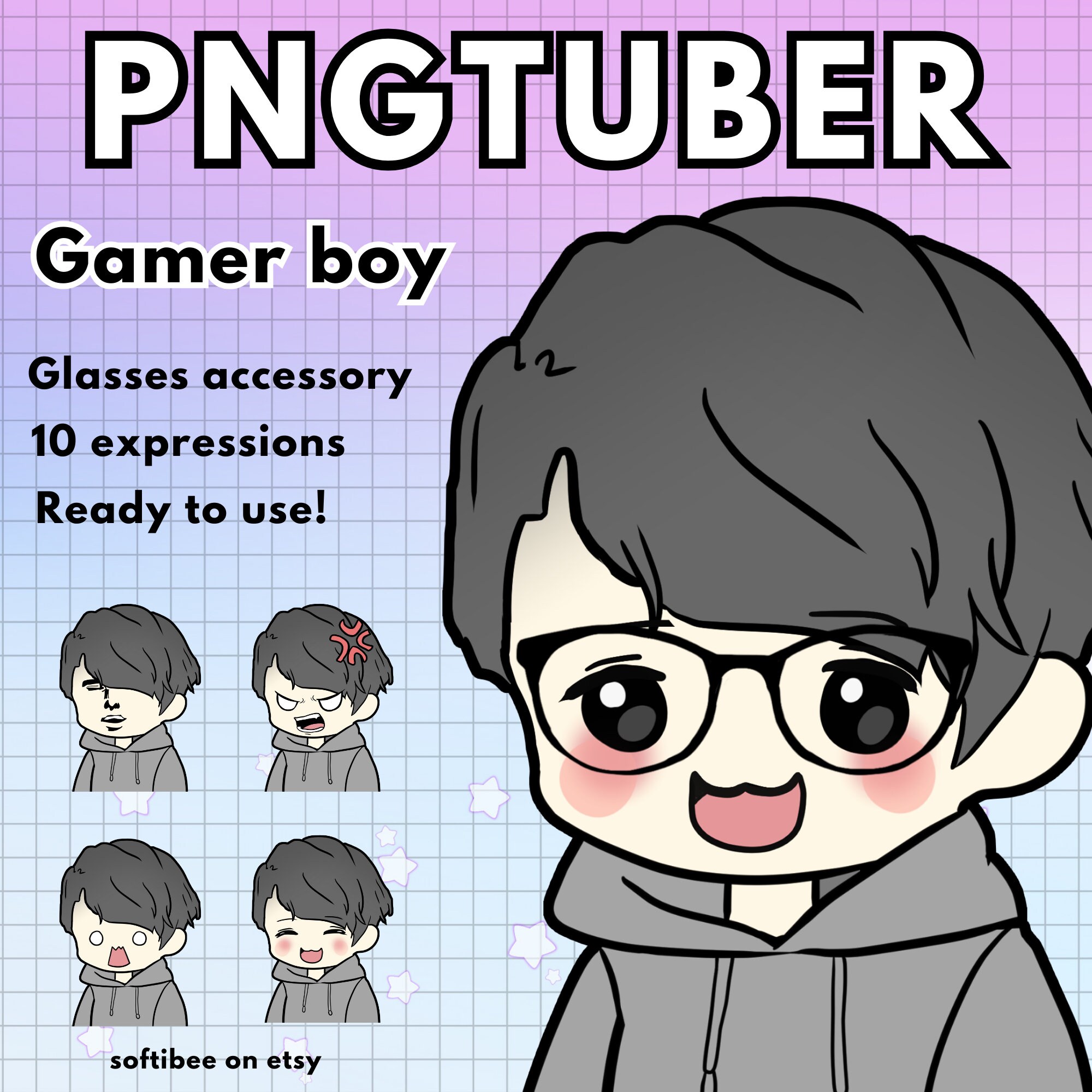 Reactive Pngtuber Boy With Black Hair & Glasses Accessory 10x Avatars ...