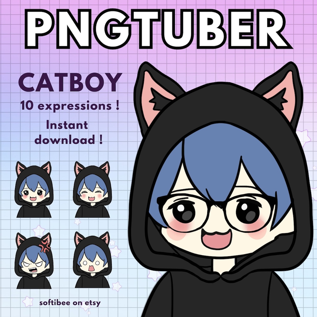 Catboy Vtuber Model Male With Blue Hair ! 10x Boy Pngtuber Male Avatars ...