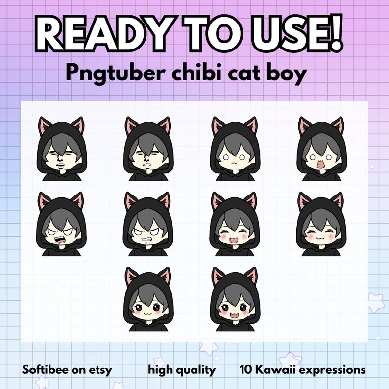 Vtuber Male Chibi Cat Boy Black / Pngtuber Model Men / Boy With Glasses ...