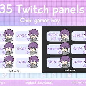 Twitch Panels Chibi Anime Boy 35x Kawaii Gamer Panels Purple Hair for ...