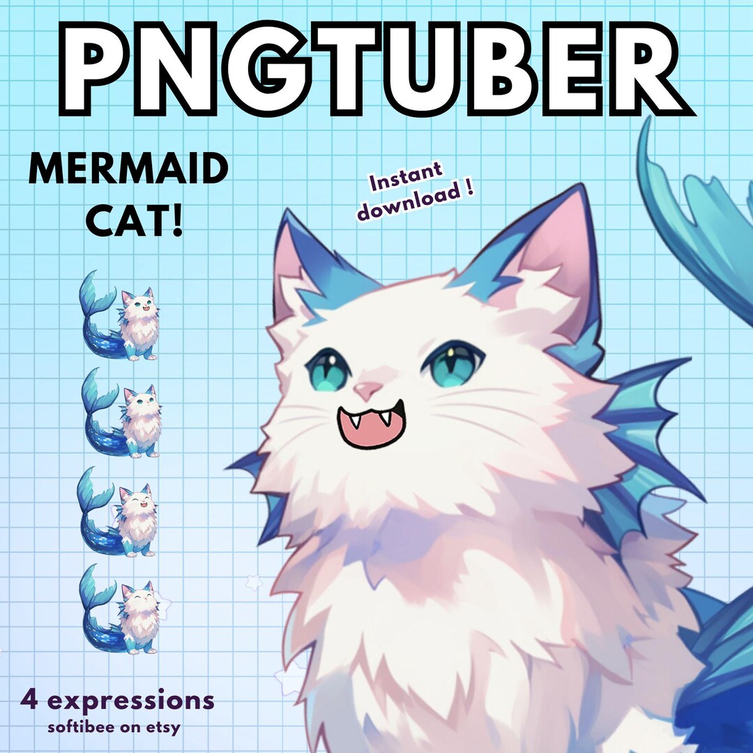 Vtuber Model Mermaid Cat Pngtuber | 4x Furry Chibi Cat PNG Tuber ...