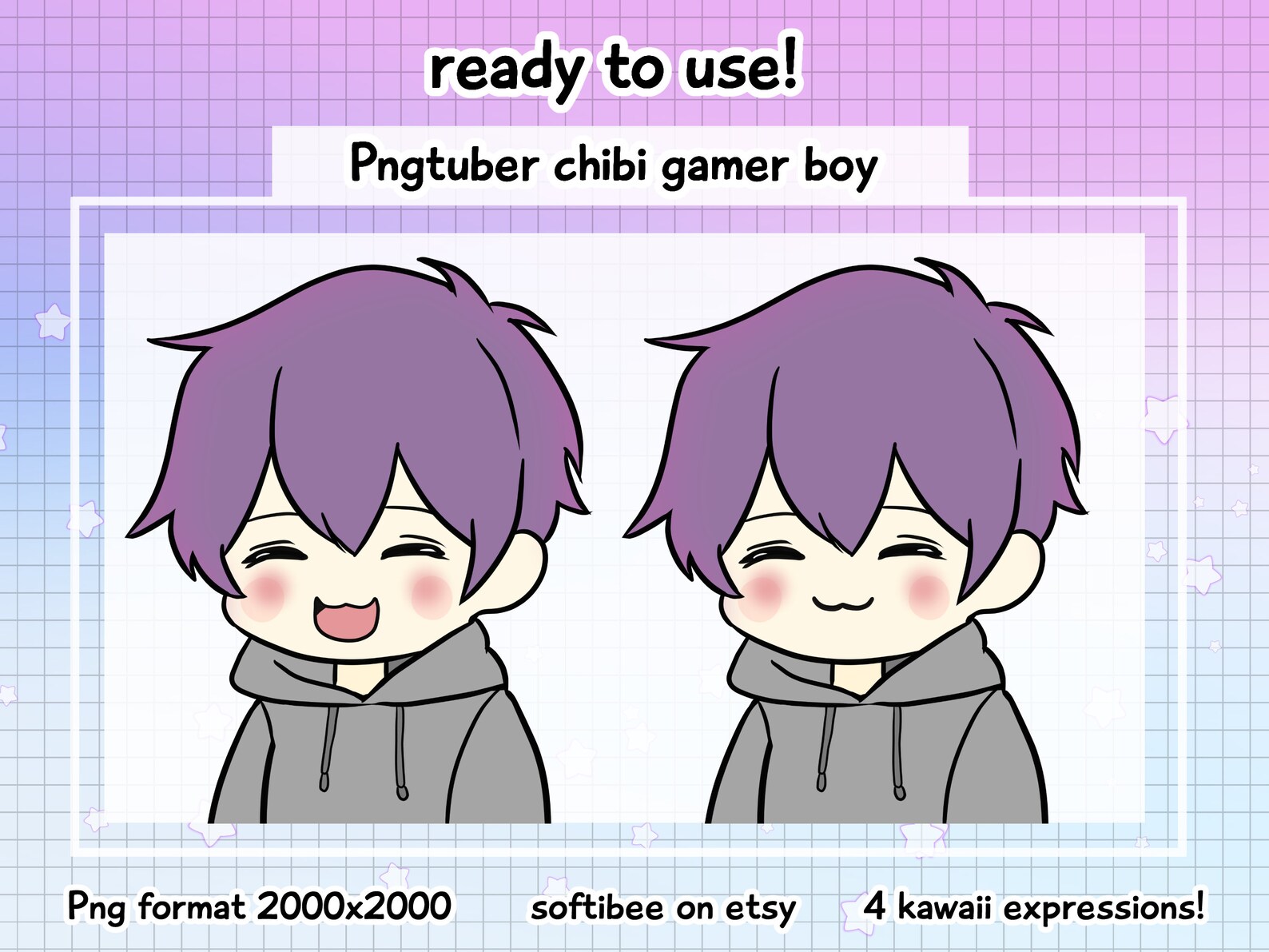 Pngtuber Male ! X4 Chibi Boy Png Tuber Premade Anime Purple Hair ...