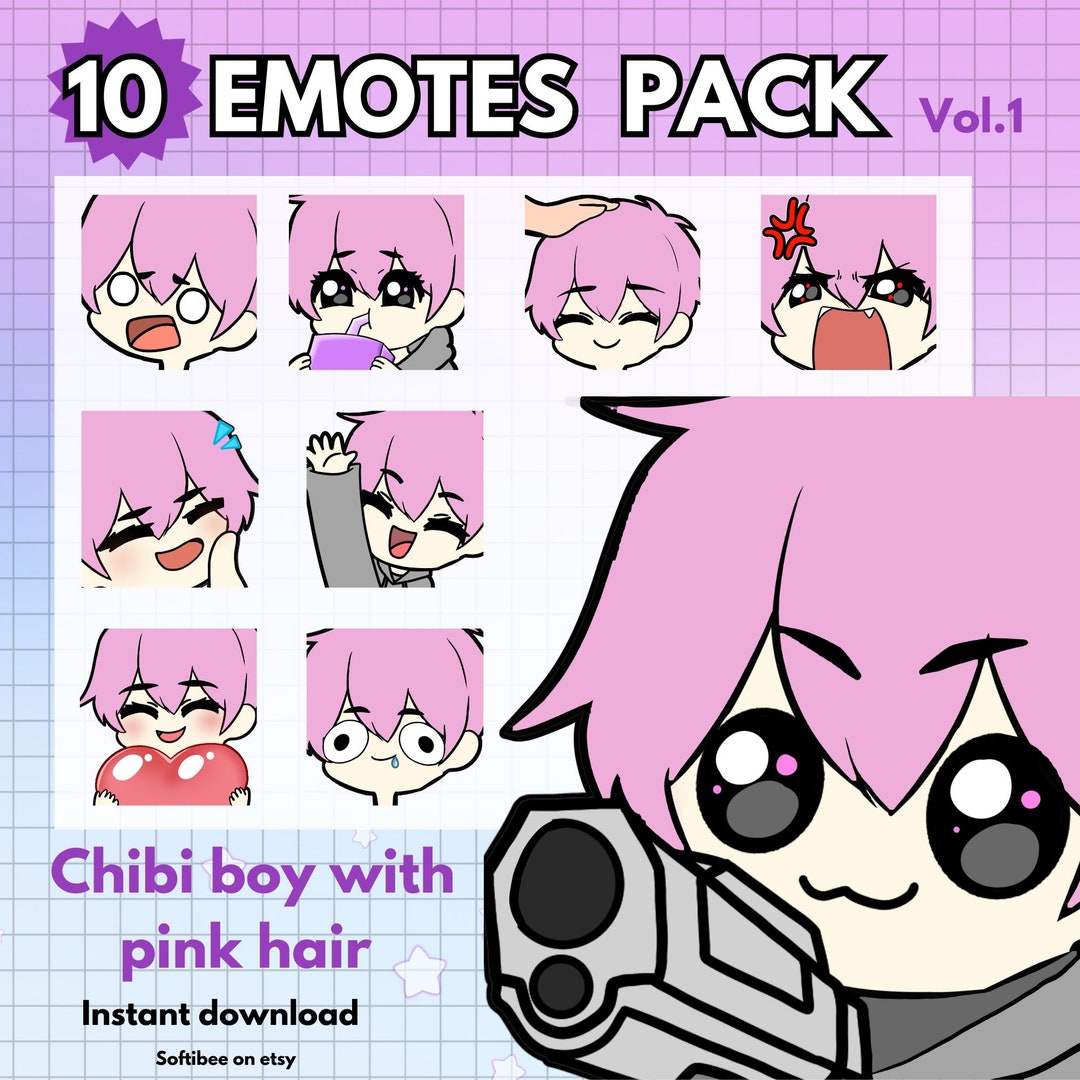 Boy Emotes Twitch Bundle Vo.1 ! X10 Chibi Emotes Boy Anime With Pink ...