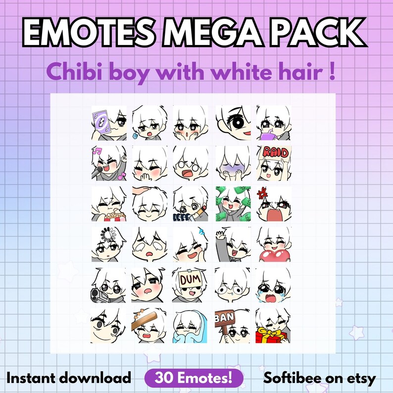 Chibi Emotes 30 White Hair Boy With Black Eyes Ready for Twitch ...