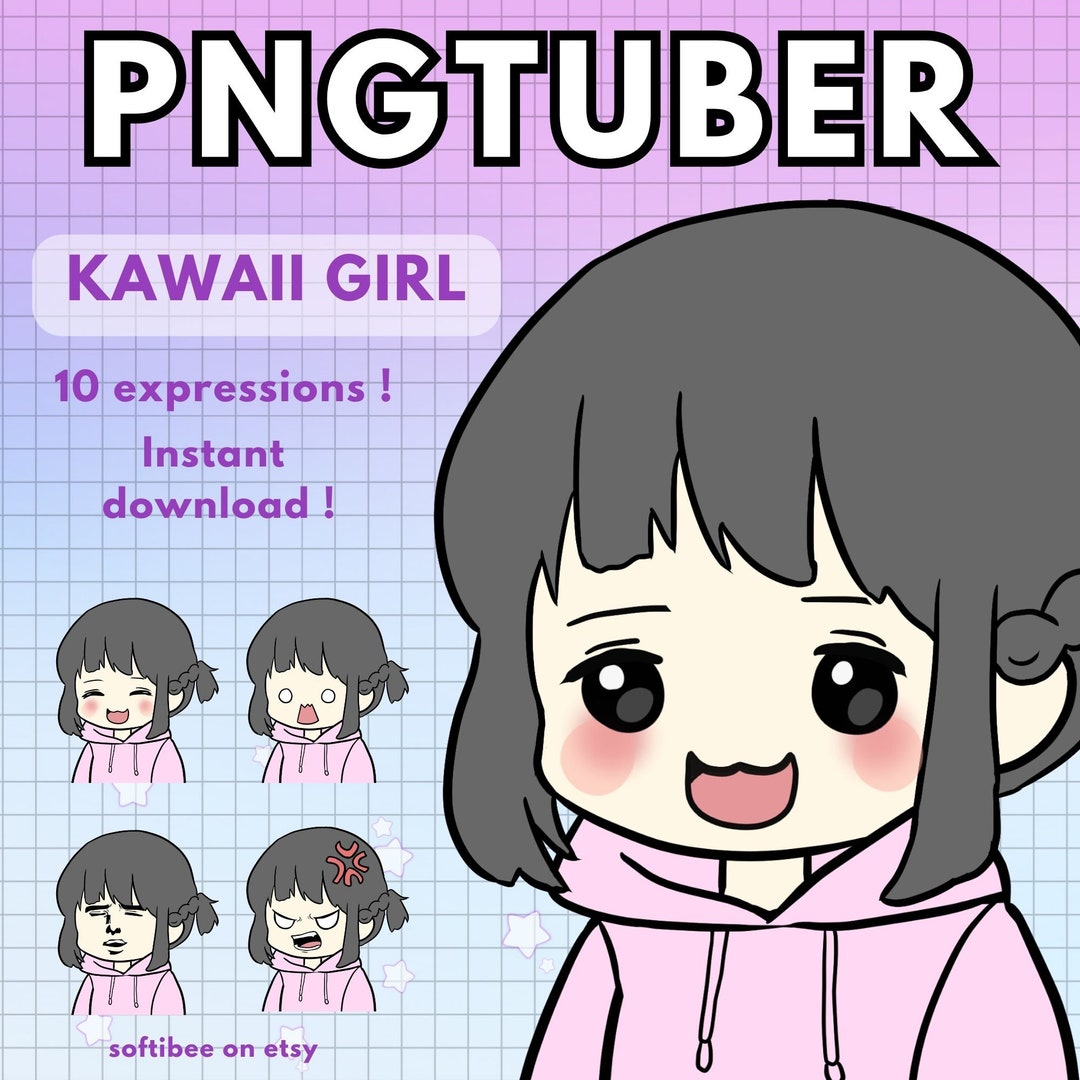 Reactive Pngtuber Twitch Overlay | Pink Pngtuber Girl With Black Hair ...