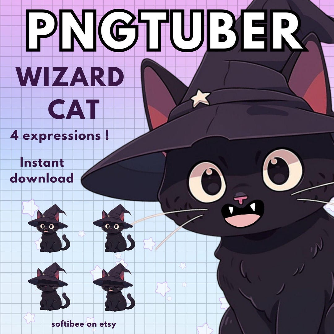 Gato negro Pngtuber Modelo 4x / Gato peludo mago Png tuber / Chibi ...