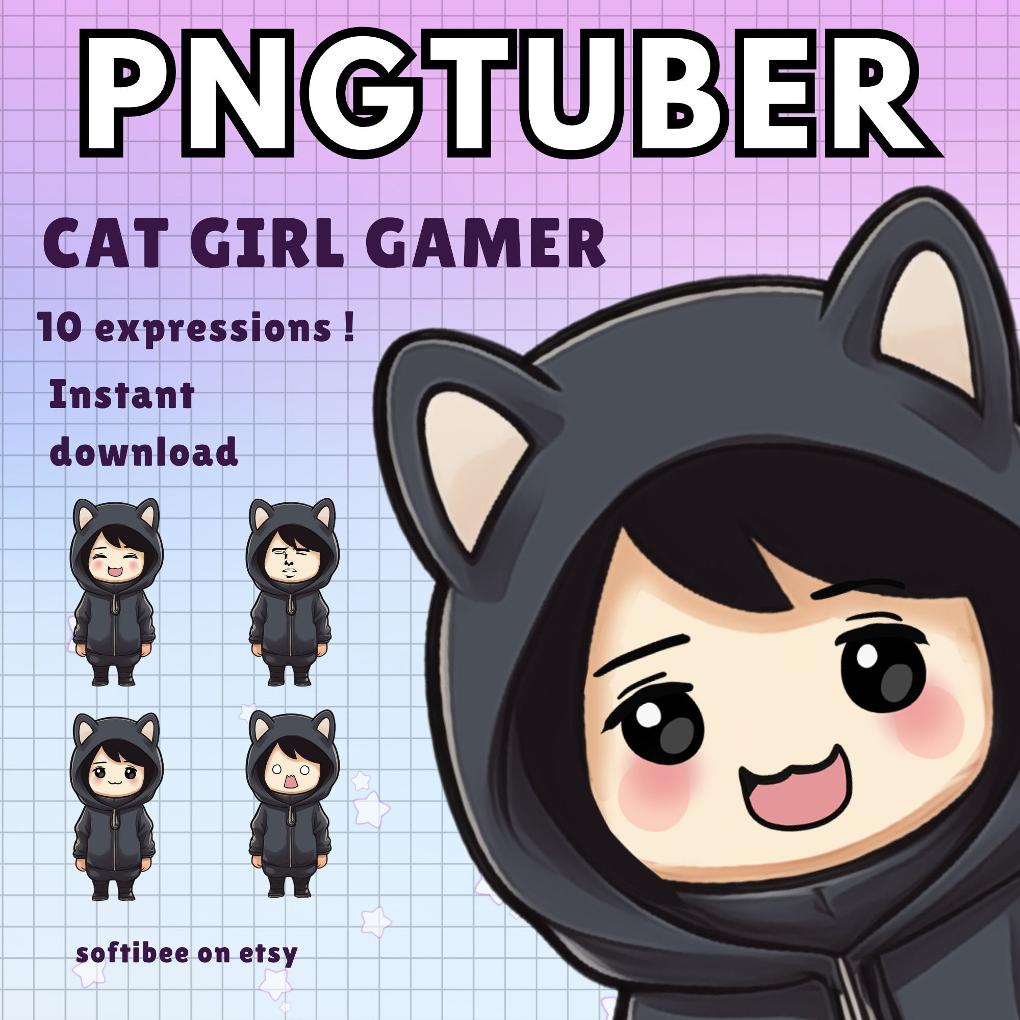 Vtuber Girl Chibi Cat Girl Black / Pngtuber Model Girl / Girl With ...