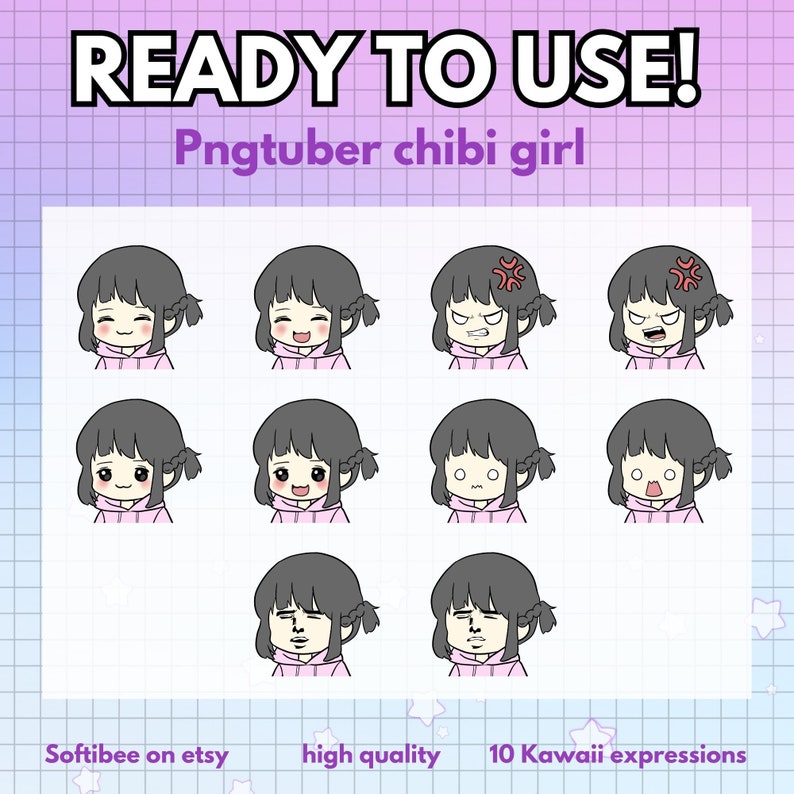 Reactive Pngtuber Twitch Overlay | Pink Pngtuber Girl With Black Hair ...