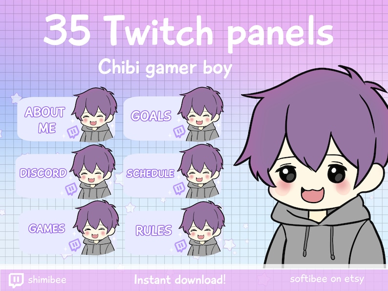 Twitch Panels Chibi Anime Boy 35x Kawaii Gamer Panels Purple - Etsy