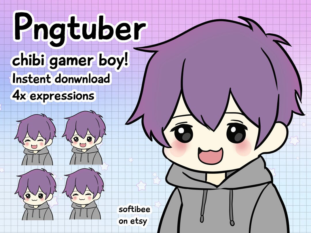 Pngtuber Male ! X4 Chibi Boy Png Tuber Premade Anime Purple Hair ...