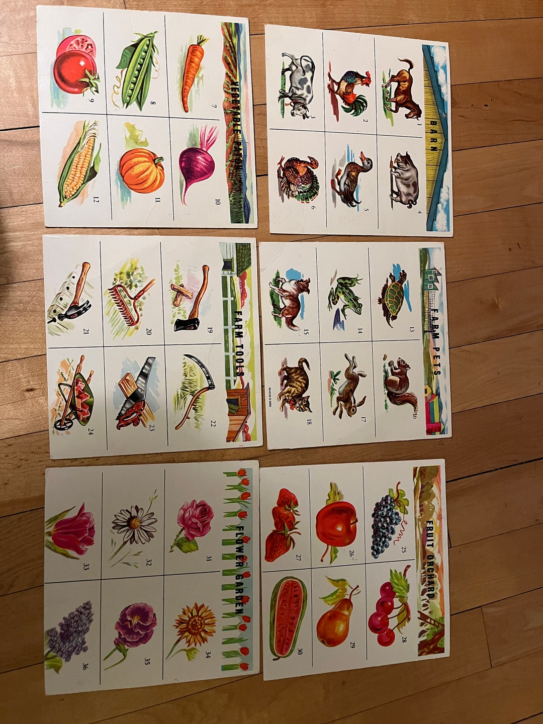 Vintage Match Learning Game: Farm Animals, Vegetables, Fruits, Flowers ...