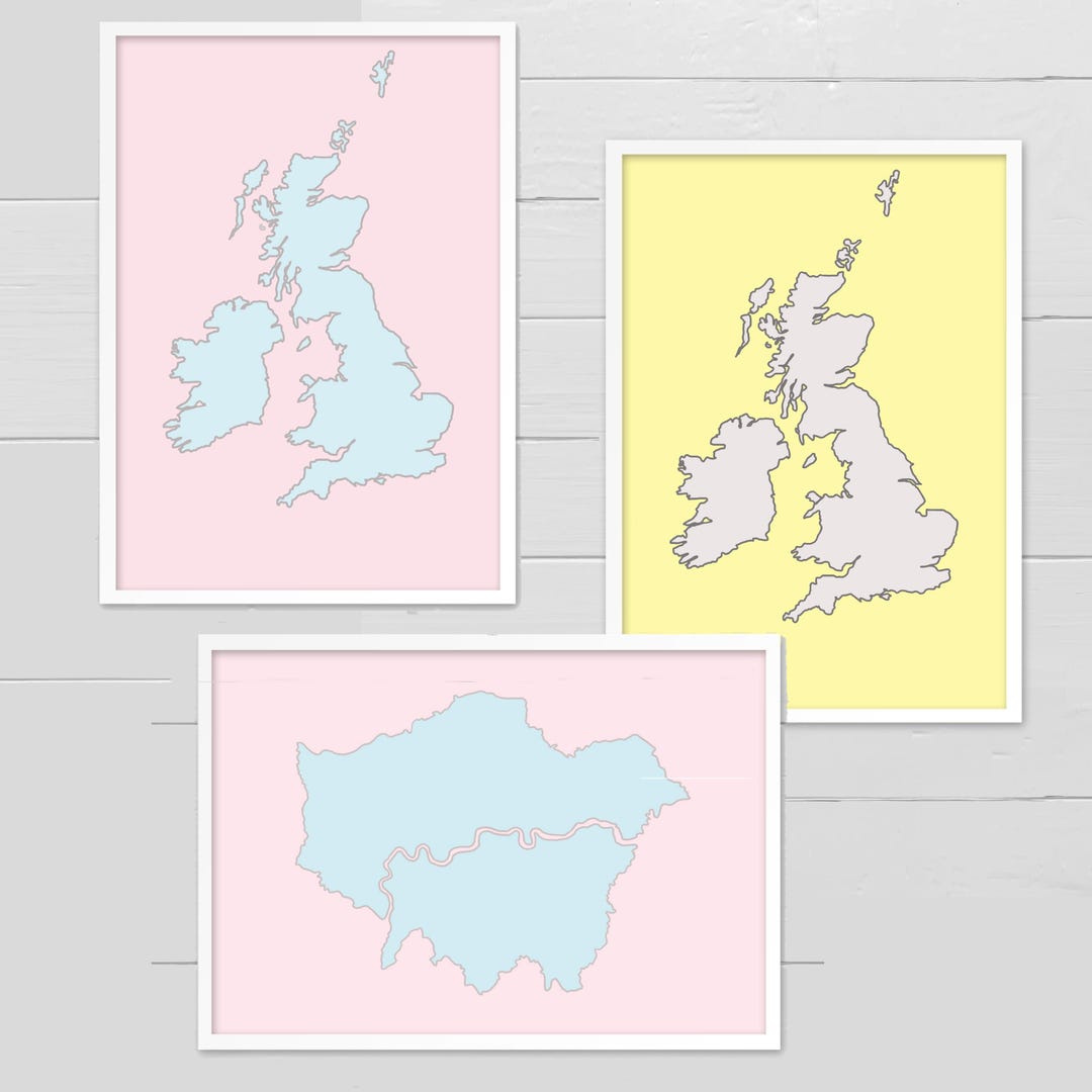 UK & Ireland Map OR London Map, Grey/yellow/pink/blue Pastels, Wall Art ...