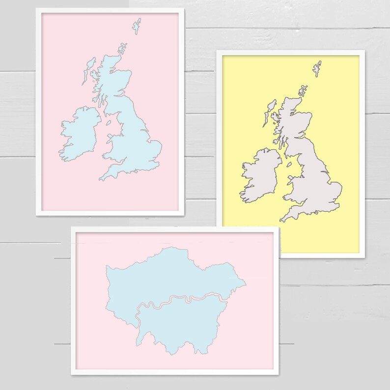 UK & Ireland Map OR London Map, Grey/yellow/pink/blue Pastels, Wall Art ...