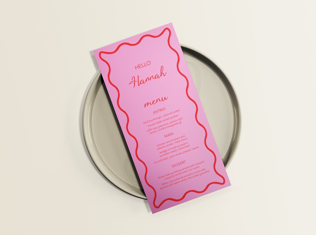 Wavy Pink and Red Menu/place Card - Completely Customisable Template ...