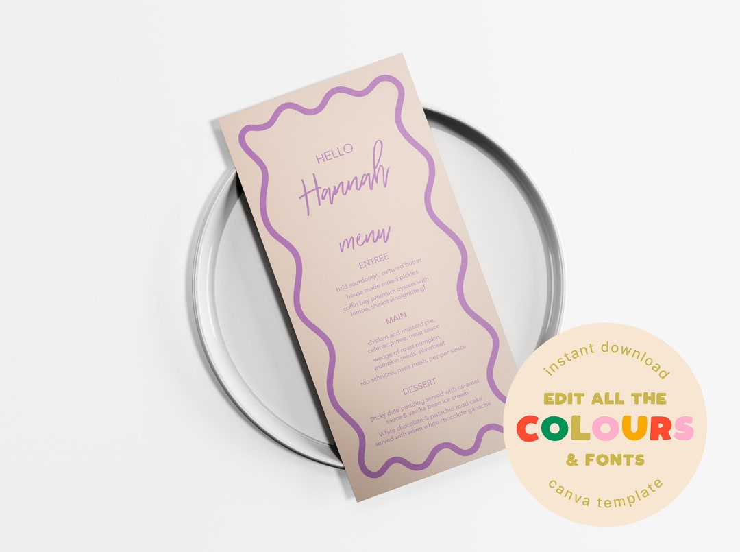 Purple Wavy Menu/place Card - Completely Customisable Template! Edit ...