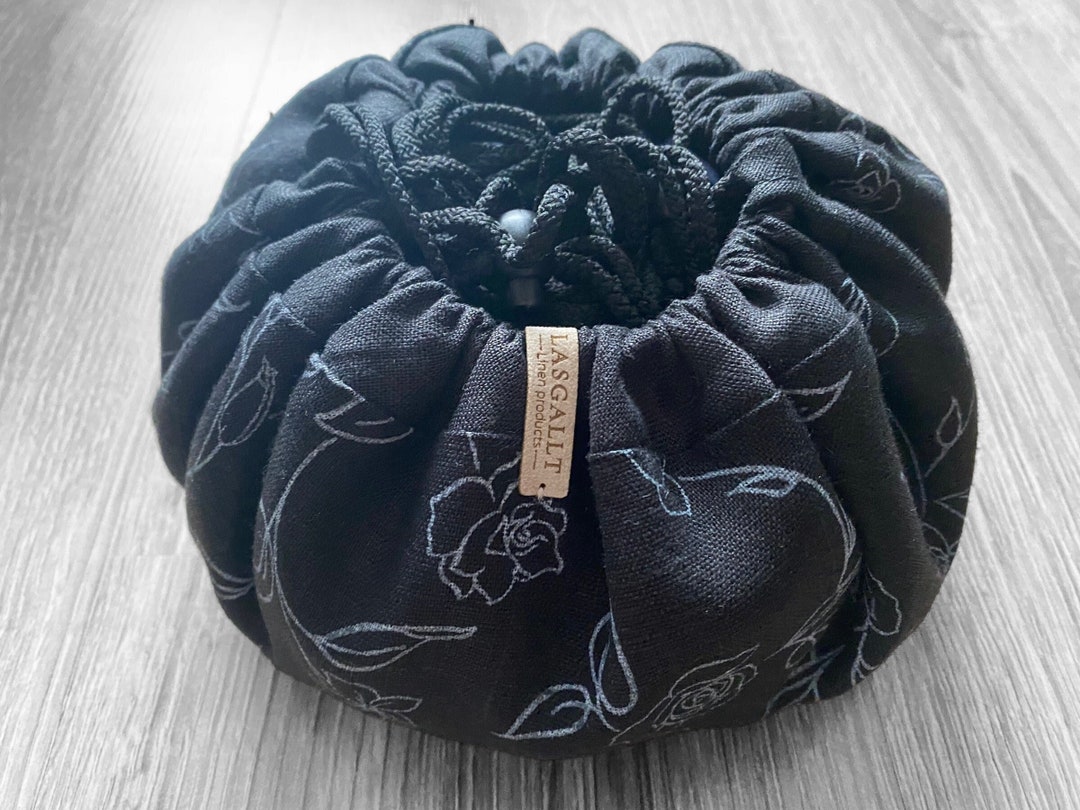Black Linen Makeup Bag | Floral | Drawstring | Goth| Reversible ...